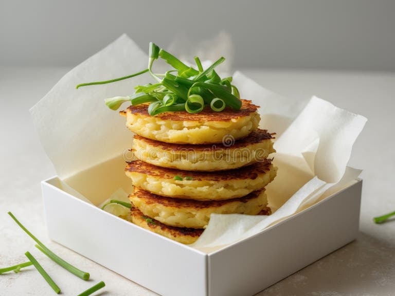 Stack of Golden Potato Cakes Garnished with Scallions in Box Stock ...