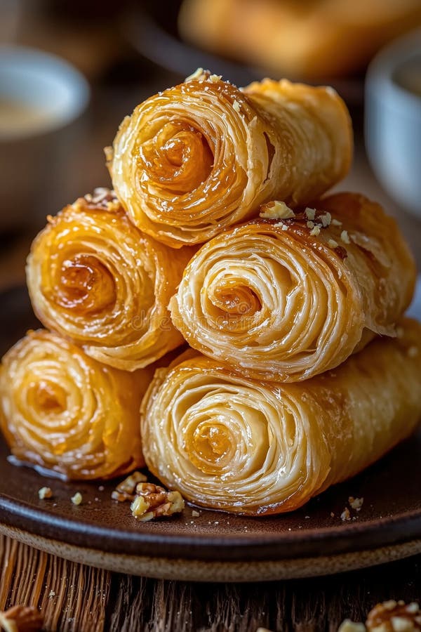 Golden Sweet Rolled Pastry with Nuts on a Dark Plate Stock Illustration ...