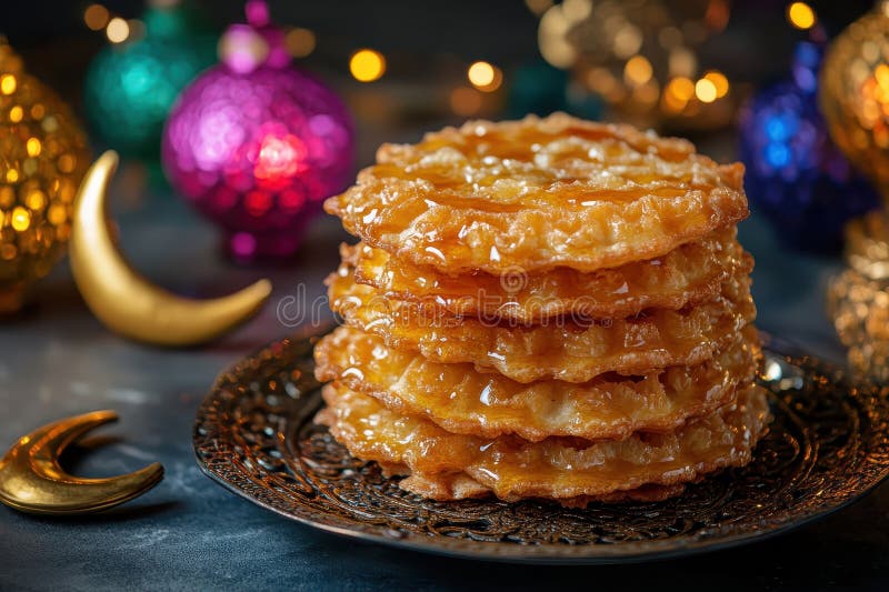 A Stack of Golden, Syrupy Sweets on a Decorative Plate, Surrounded by ...