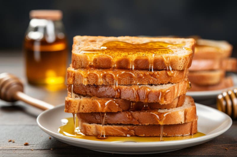 Stack of Golden Toast with Honey Drizzle on a Plate. Delicious ...