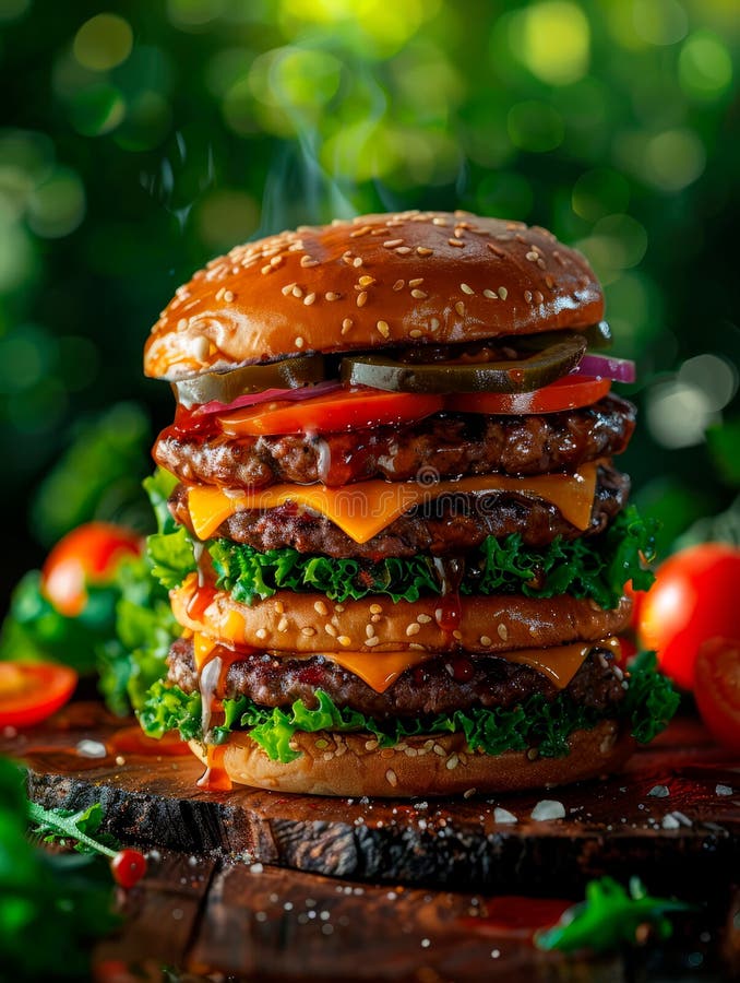 Stack of Gourmet Burgers with Dripping Sauce and Fresh Toppings ...