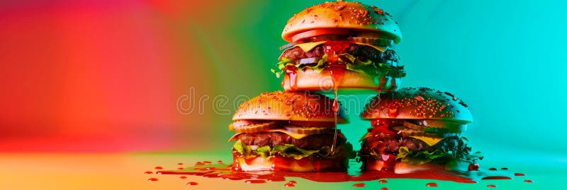 Stack of Gourmet Burgers with Dripping Sauce and Fresh Toppings ...