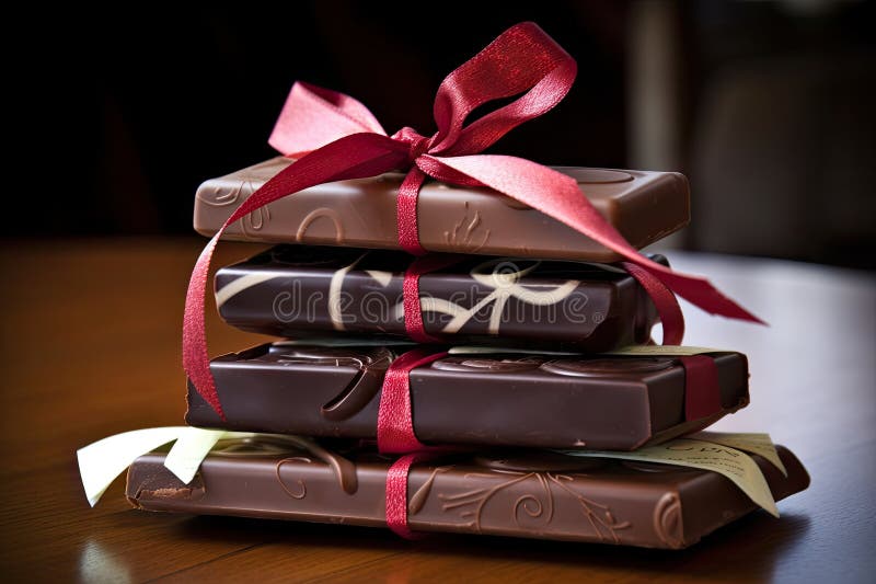 Stack of Gourmet Chocolate Bars Adorned with Ribbon and Bow Stock ...