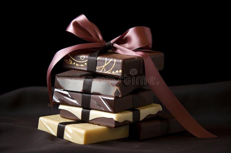 Stack of Gourmet Chocolate Bars Adorned with Ribbon and Bow Stock ...