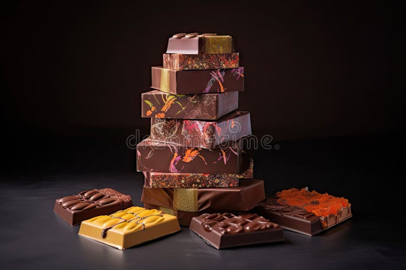 Stack of Gourmet Chocolate Bars, Each with Unique Flavor and Texture ...