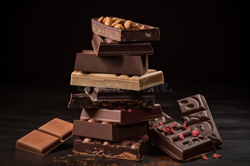 Stack of Gourmet Chocolate Bars, Each with Different Flavor and Texture ...