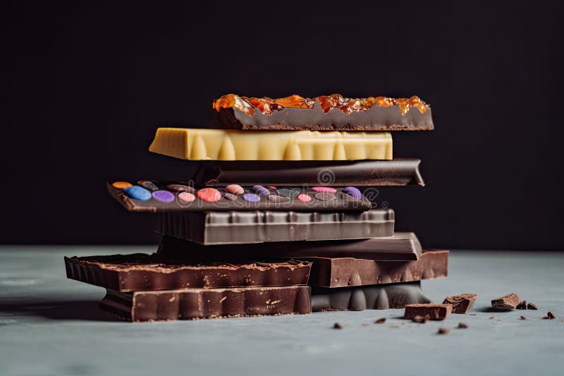 Stack of Gourmet Chocolate Bars, Each with Different Flavor and Texture ...