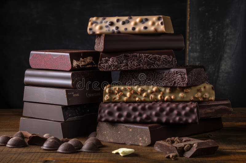 Stack of Gourmet Chocolate Bars, Each with Unique Flavor and Texture ...