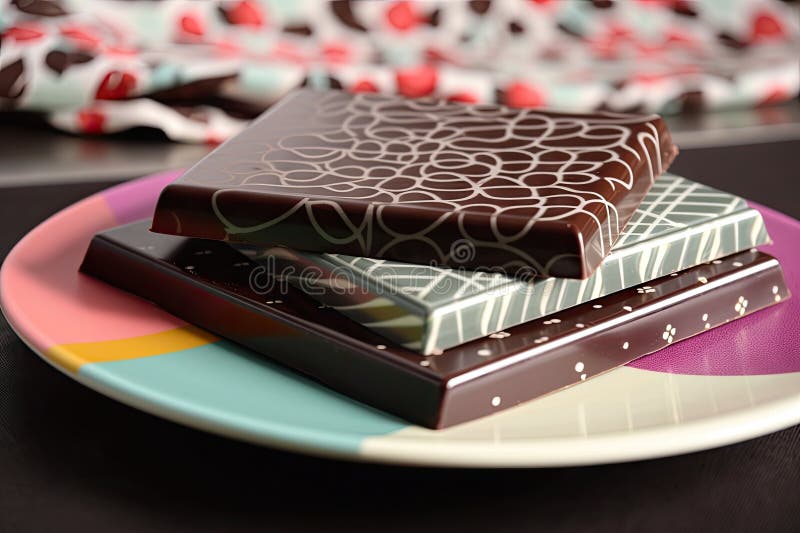 Stack of Gourmet Chocolate Bars, Nestled on Patterned Plate Stock ...