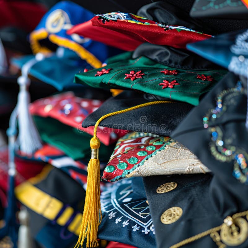 A Stack of Graduation Caps and Tassels with a Yellow Tassel on the Top ...