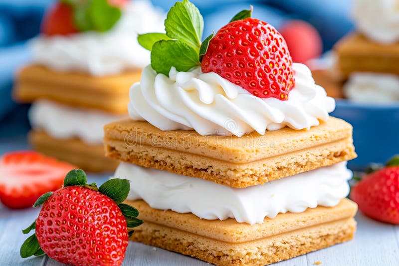 A Stack of Graham Crackers Topped with Whipped Cream and Strawberries ...