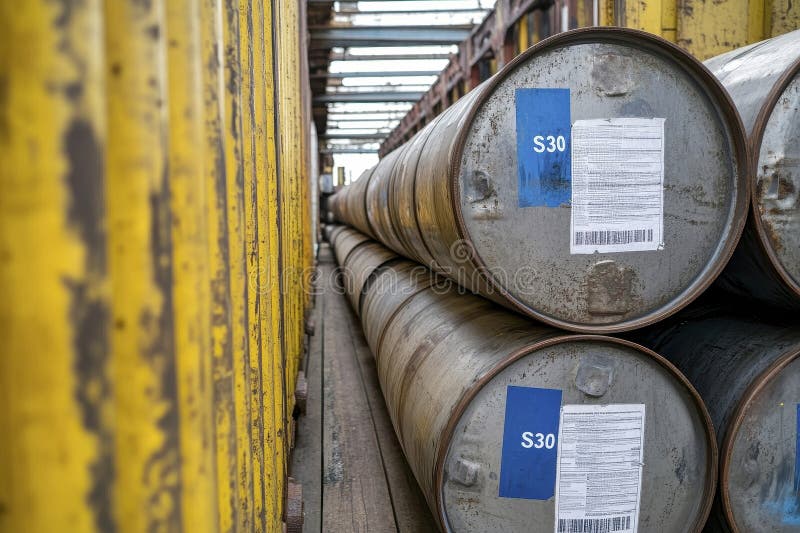 Stack of Gray Metal Drums with Blue Labels in Storage, Presenting a ...