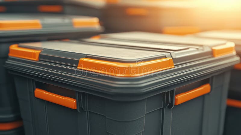 Stack of Gray Storage Containers with Bright Orange Handles in ...