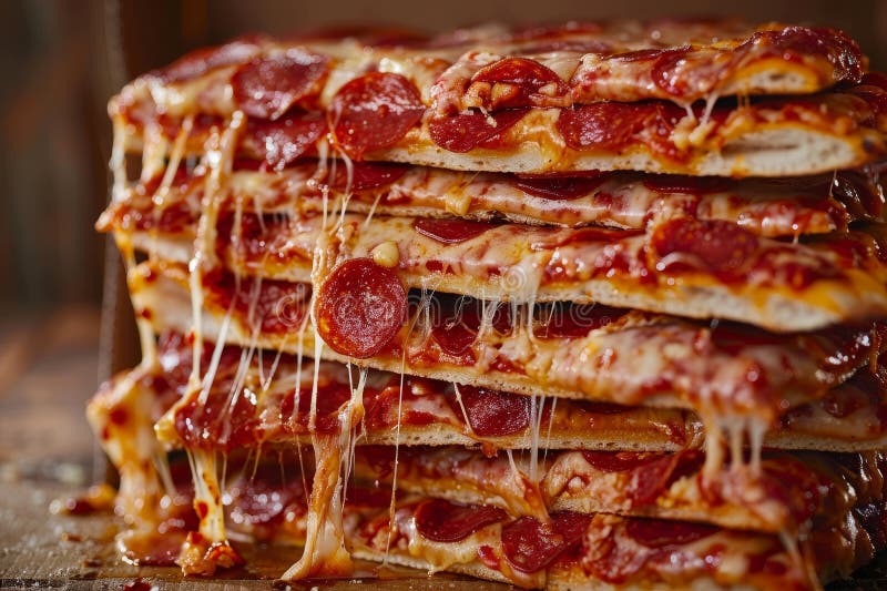 A Stack of Greasy Pepperoni Pizza Slices Arranged on a Weathered Wooden ...