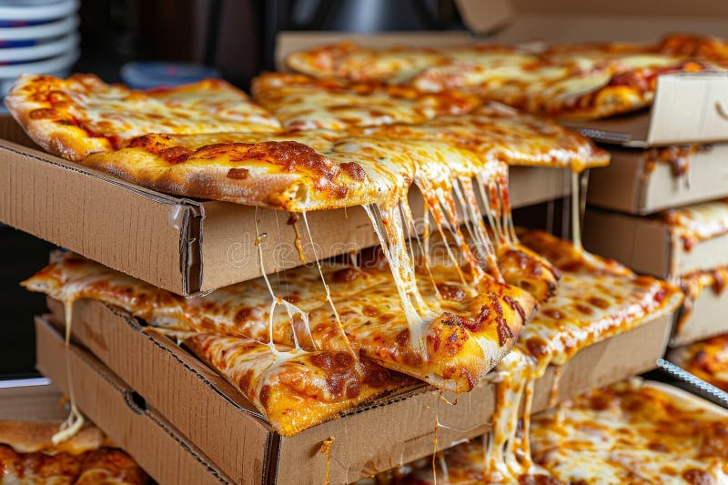 A Stack of Greasy Pizza Boxes with Missing Slices Piled on a Table ...