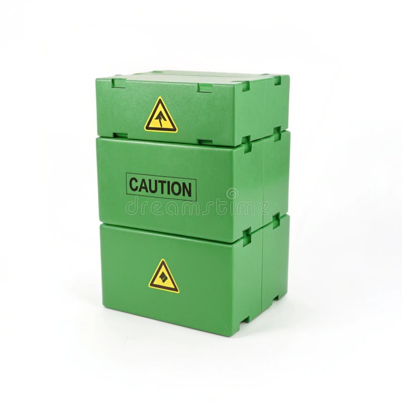 Stack of Green Boxes with a Caution Label on Transparent Background ...