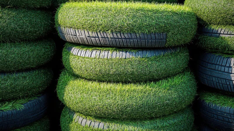 Stack of Green Grass Covered Tires Creating a Unique Eco-friendly ...