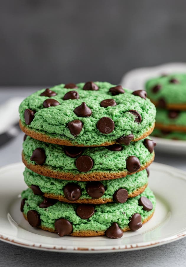 Stack Green Mint Chocolate Chip Cookies White Plate Stock Photos - Free ...