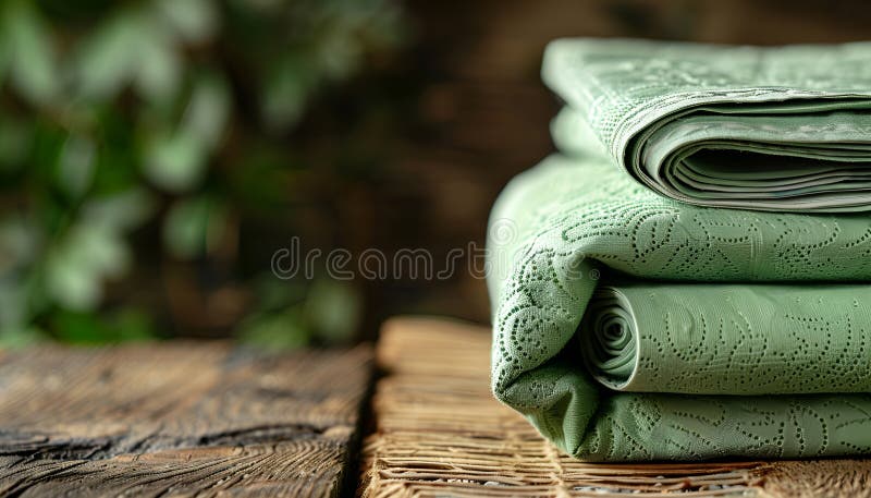 Stack of Green Paper Towels on Wooden Table, Closeup. Space for Text ...