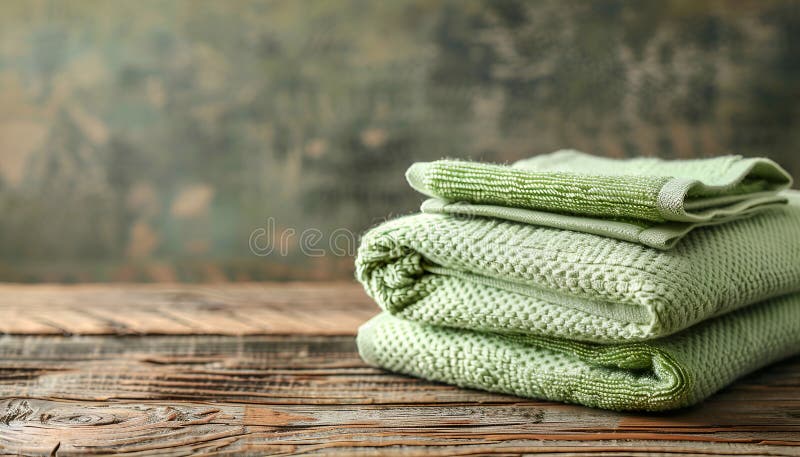 Stack of Green Paper Towels on Wooden Table, Closeup. Space for Text ...