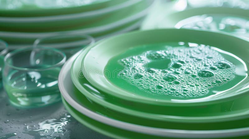 A Stack of Green Plates with Water in Them. Suitable for Kitchen or ...
