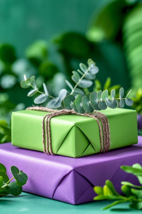 A Stack of Green and Purple Wrapped Presents on a Green Background ...
