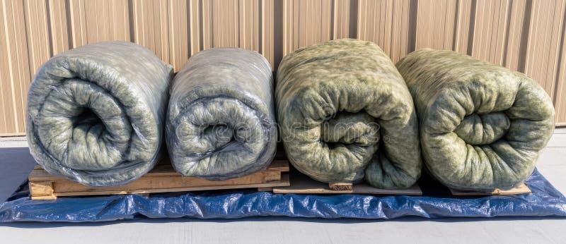 A Stack of Green Rock Wool Insulation Batts Lies on a Blue Tarp at a ...