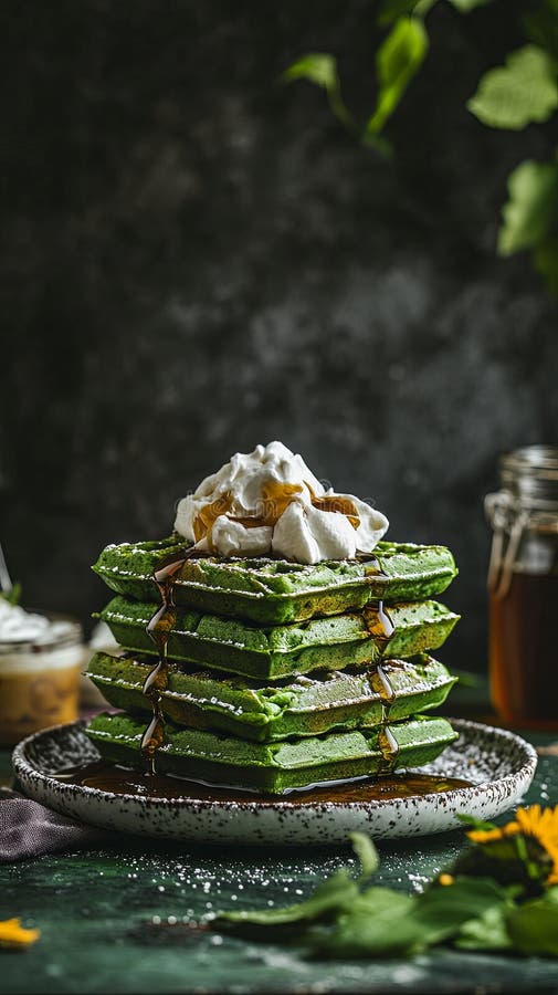 A Stack of Green Waffles Served with Maple Syrup and a Side of Whipped ...
