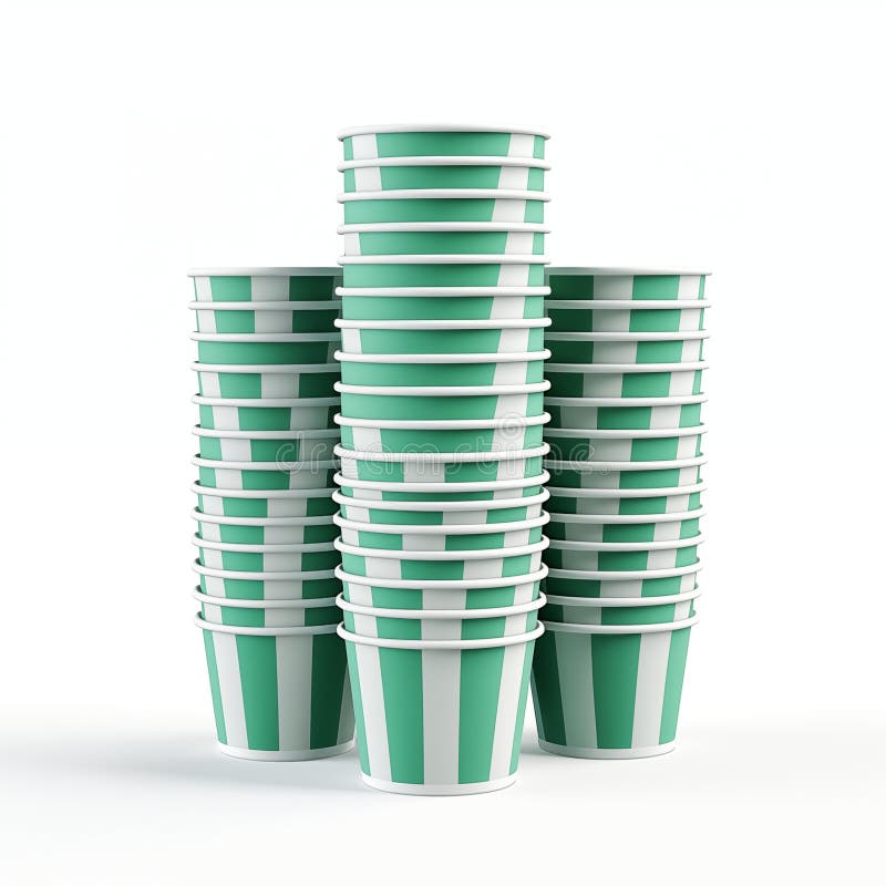 Stack of Green and White Striped Paper Cups on White Background Stock ...