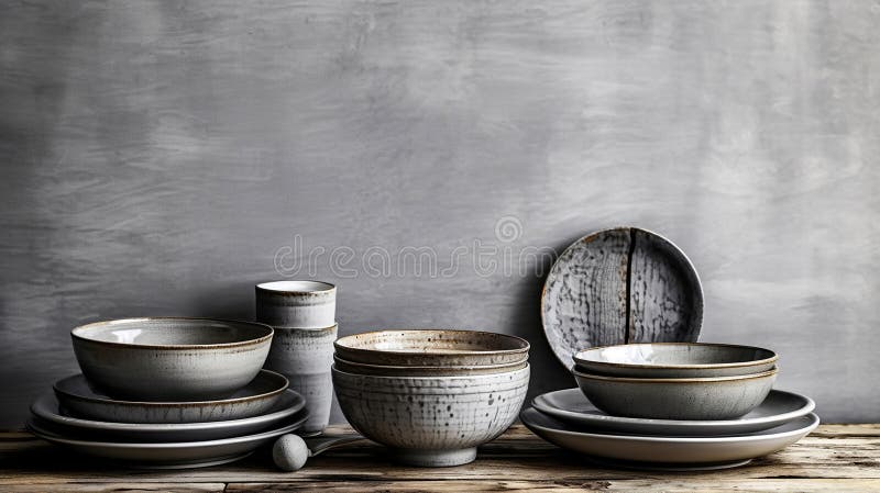 Stack of Grey Crockery on Rustic Wooden Table Against Shabby Gray Wall ...