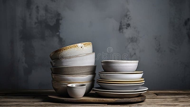 Stack of Grey Crockery on Rustic Wooden Table Against Shabby Gray Wall ...