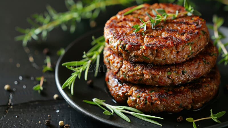 Stack of Grilled Beef Patties with Fresh Herbs on a Black Plate Stock ...