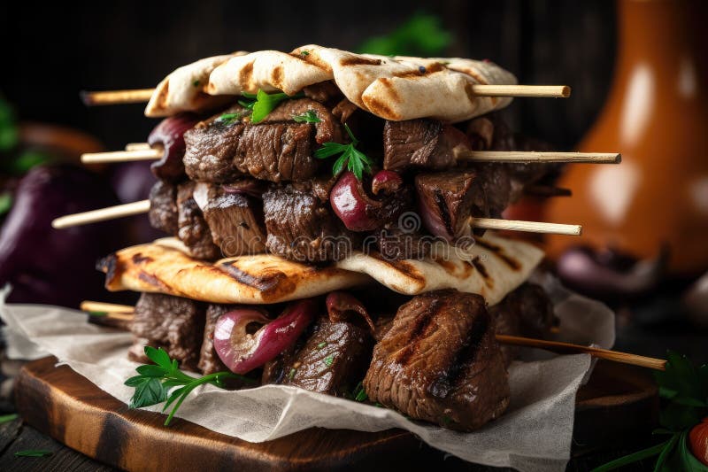 Stack of Grilled Beef Shishkabobs, Wrapped in Warm Pita Bread Stock ...