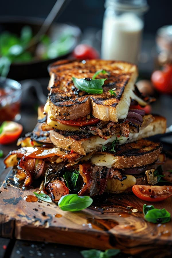 A Stack of Grilled Sandwiches on a Cutting Board with Various Toppings ...