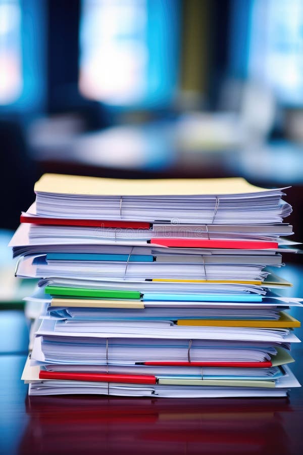 Stack of Group Report Papers Document Clipped in Color Clips, Business ...