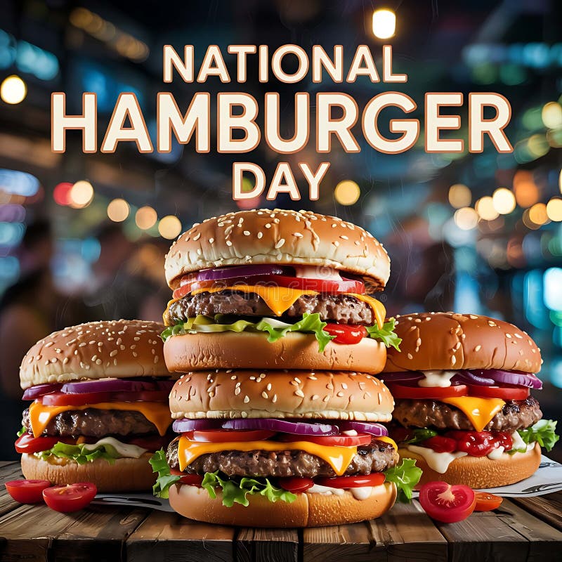 A Stack of Hamburgers for National Hamburger Day on a Wooden Table Top ...