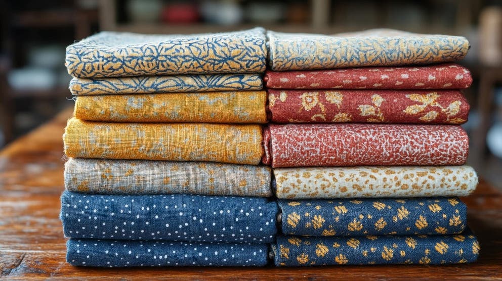 Stack of Hand-Printed Fabric Swatches with Detailed Patterns Stock ...