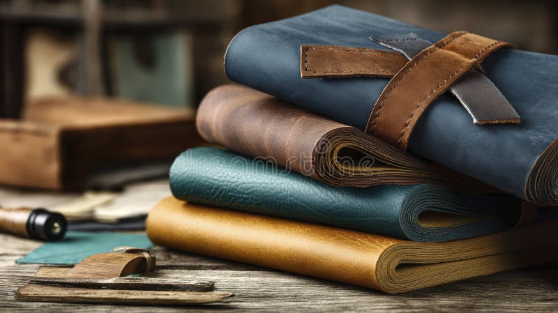 Stack of Handcrafted Leather Pieces on Rustic Wood Stock Illustration ...