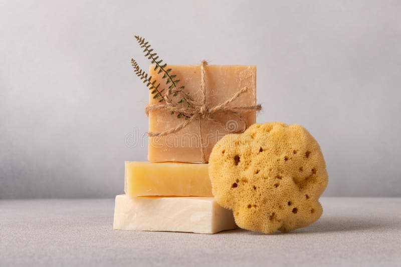 Stack of Handcrafted Soap Bars and Natural Sea Sponge Stock Photo ...