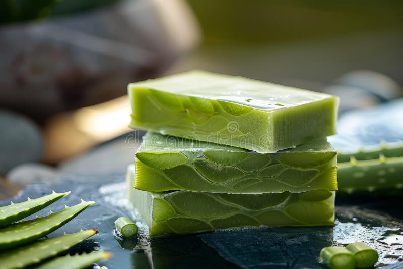 Stack of Handmade Aloe Vera Cold Processed Soap Bars Resting on Black ...