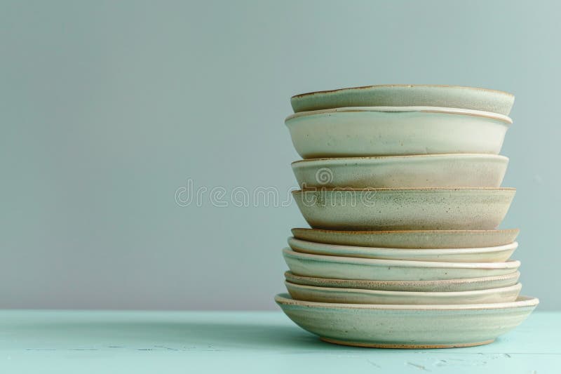Stack of Handmade Ceramic Bowls on Blue Table - Rustic Kitchen Decor ...