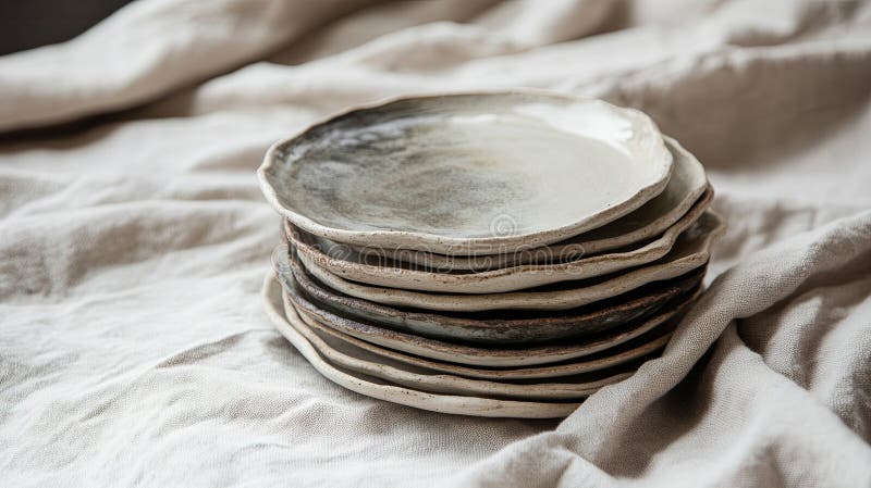A Stack of Handmade Ceramic Plates with Uneven Edges, Placed on a Stock ...