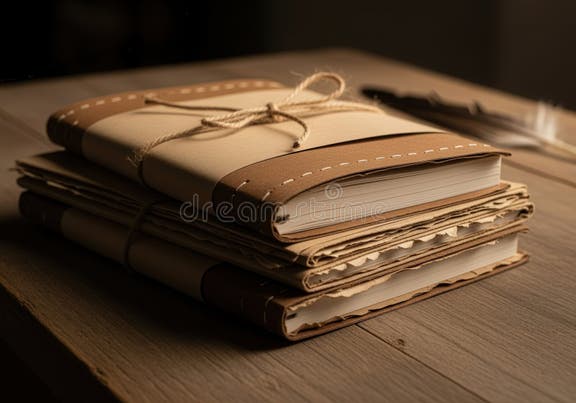 Stack of Handmade Journals Bound with String on Wooden Table Stock ...