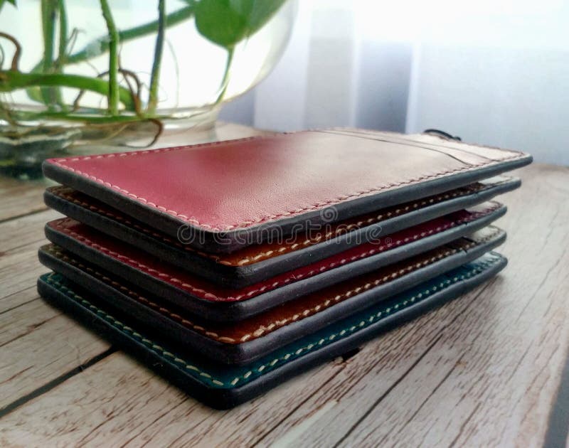 A Stack of Handmade Leather Id Card Holder Stock Image - Image of card ...