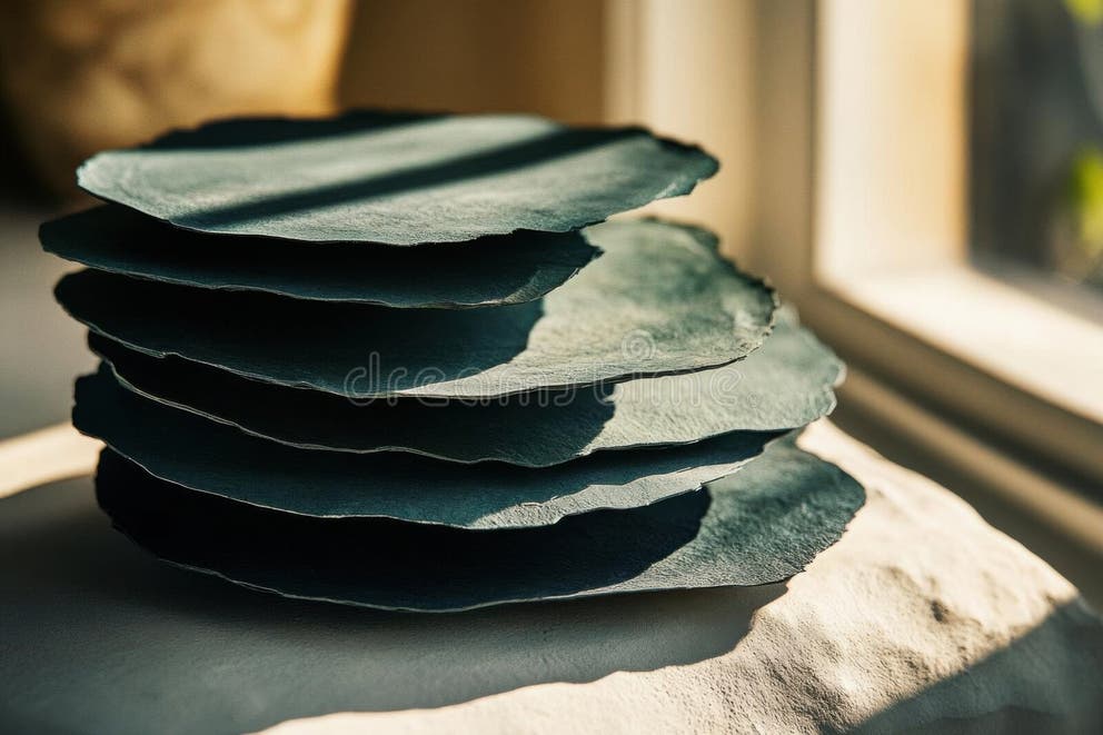 Stack of Handmade Paper Discs Near Window with Sunlight and Shadow ...