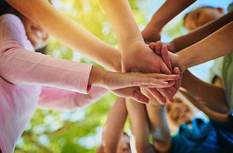 Stack of Hands, Below and Children in Nature for Unity, Support and ...
