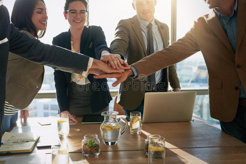 Stack of Hands, Meeting and Business People in Office with Support ...