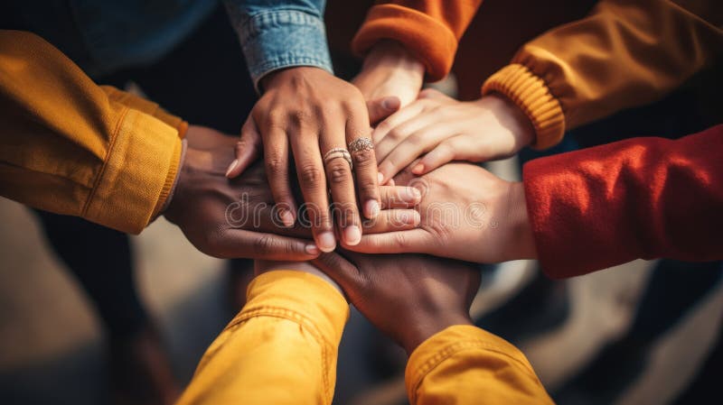 Stack of Hands Showing Unity and Teamwork, Office Background, Panorama ...