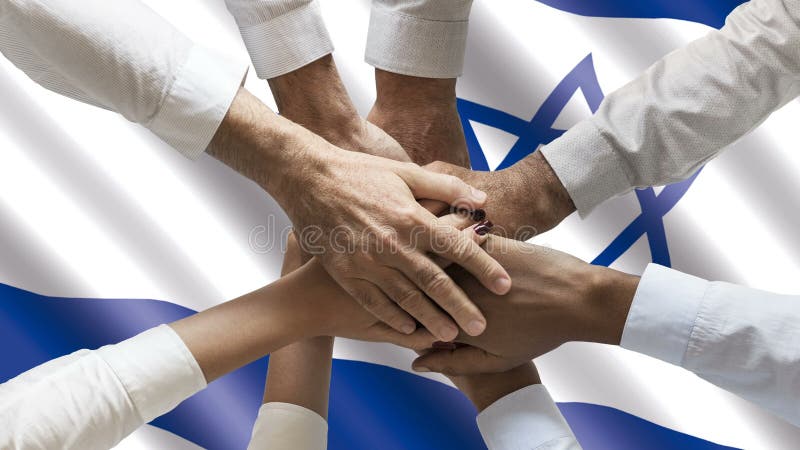 Stack of Hands Showing Unity and Teamwork Over Waving Israeli Flag ...