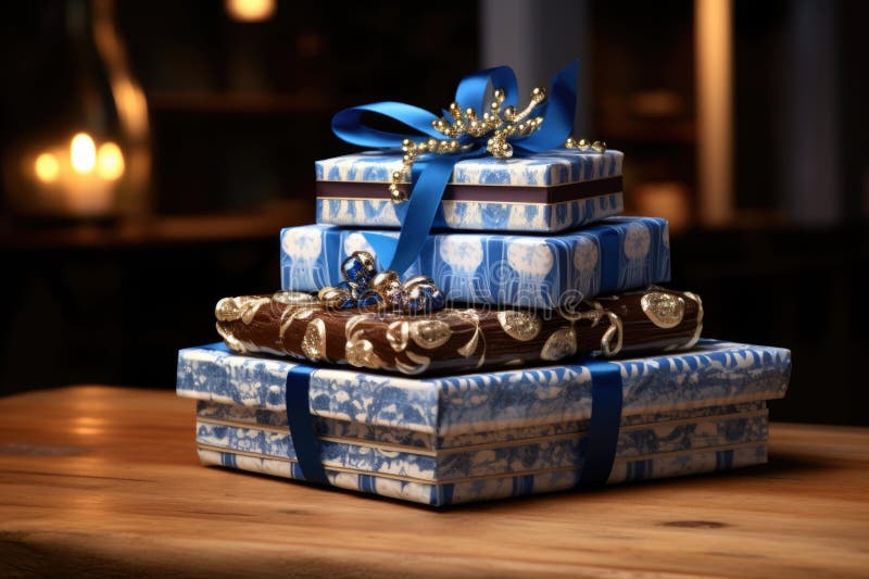 A Stack of Hanukkah Gift Wrapped Boxes on a Wooden Table Stock ...